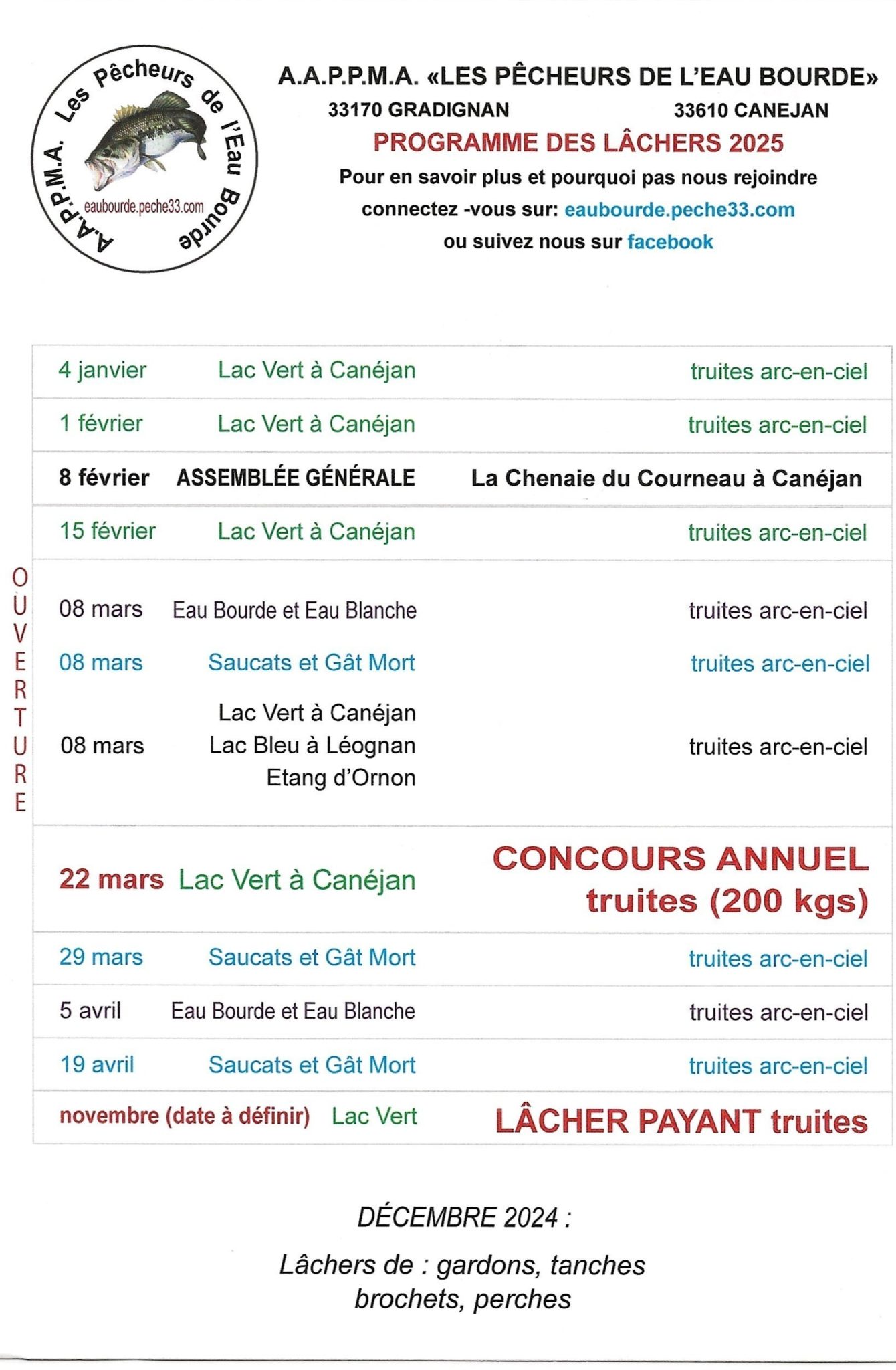 Programme piscicole 2025 – Les Pêcheurs de l'Eau Bourde